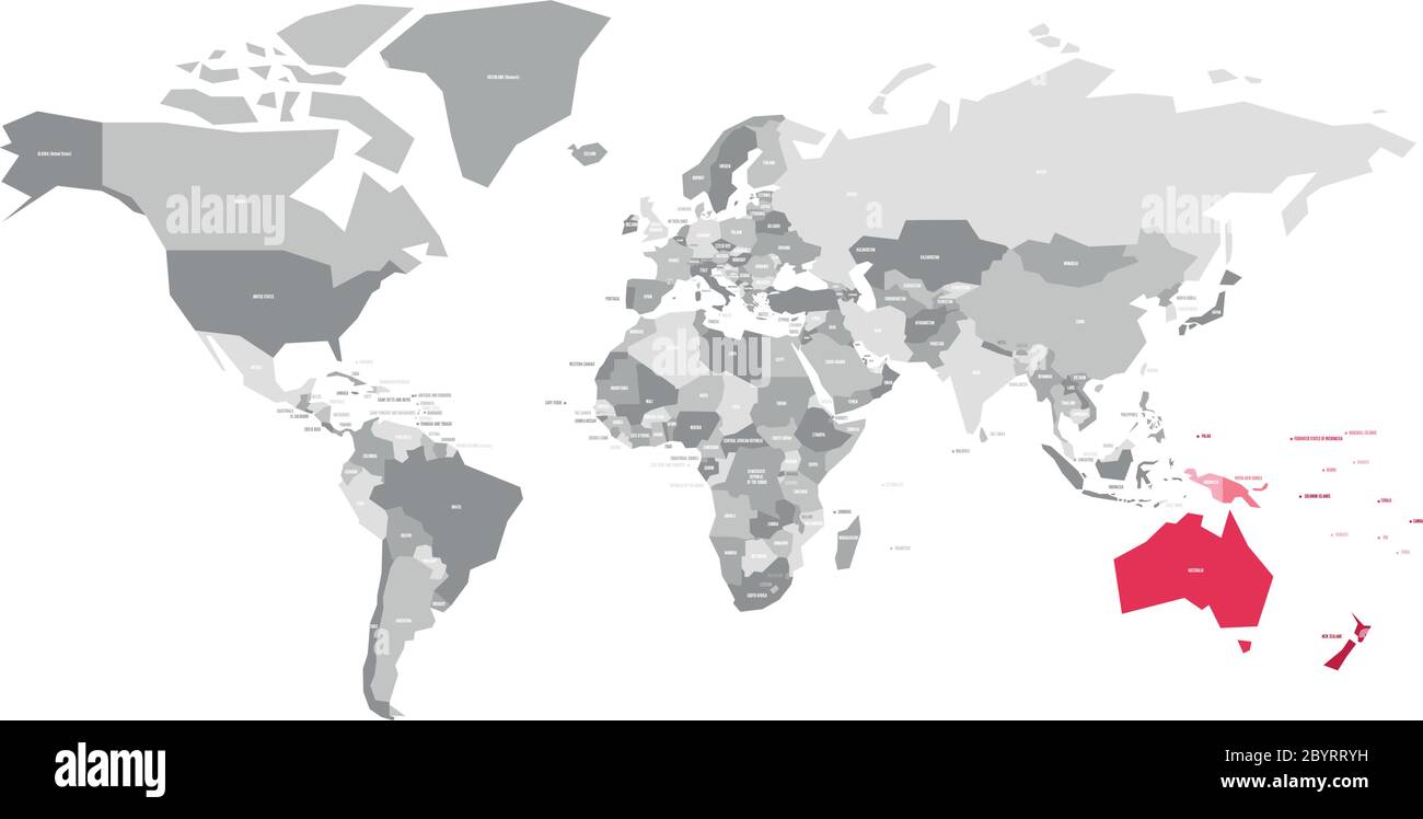 Map of World in grey colors with red highlighted countries of Australia ...