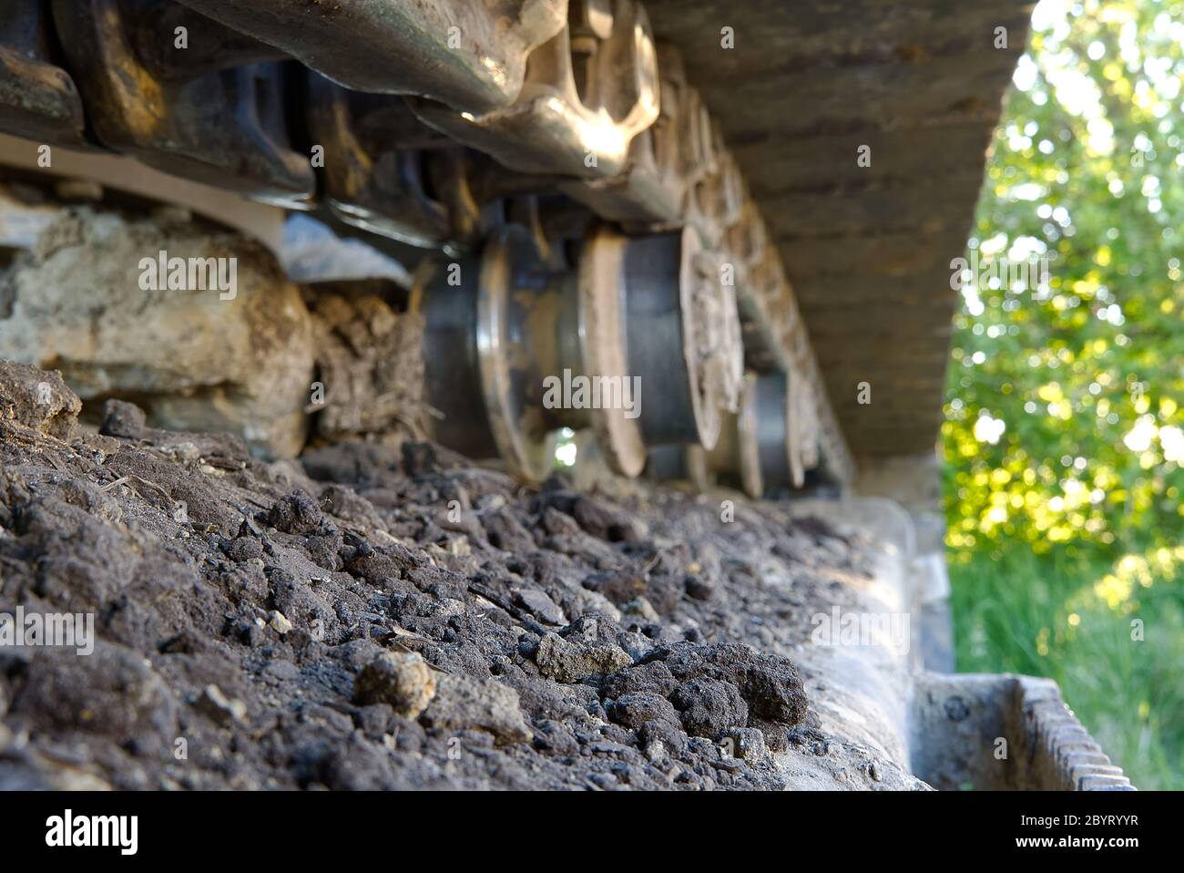 excavator tracks close-up. Construction equipment during road works ...