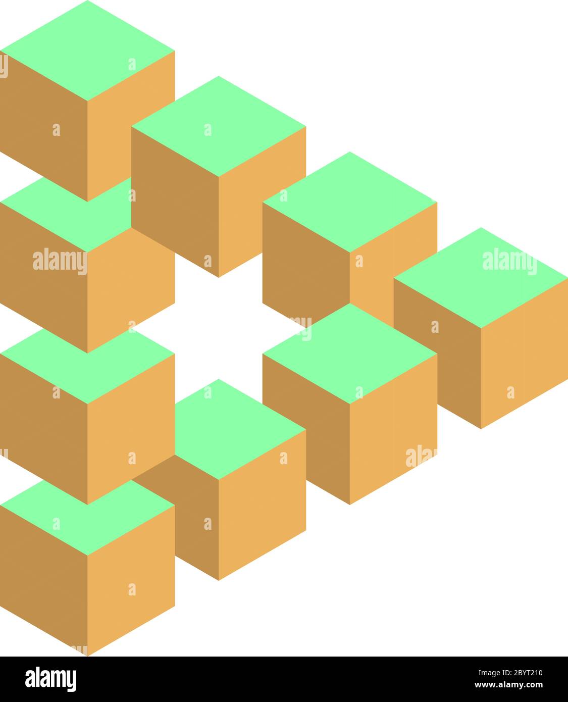 Impossible triangle in three different colors. 3D cubes arranged as ...