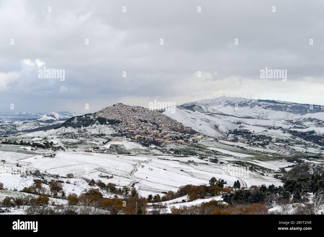 Winter landscape with snow over Gangi and Geraci Siculo in the ...