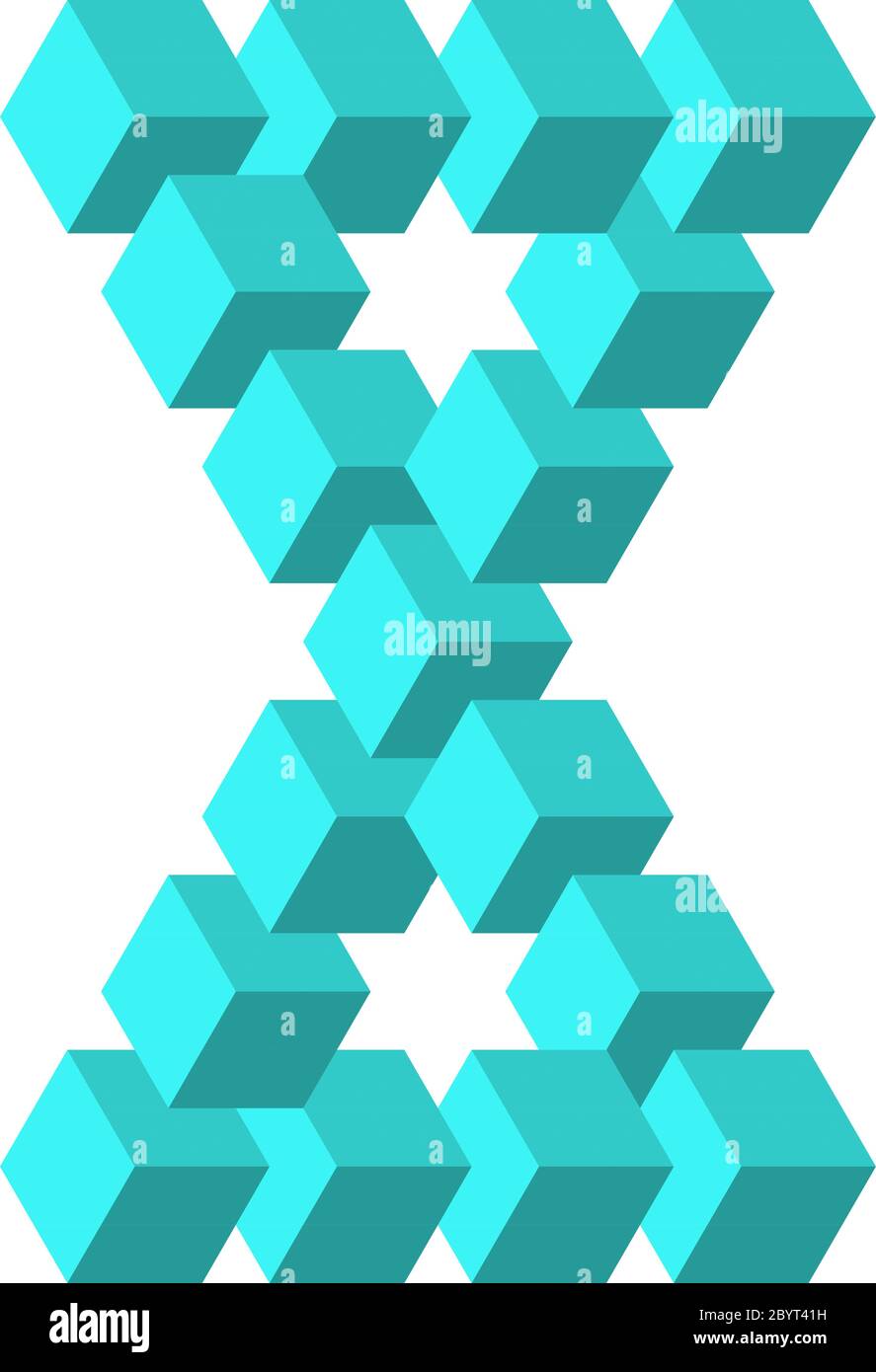 Two connected impossible triangles in turquoise blue. 3D cubes arranged ...