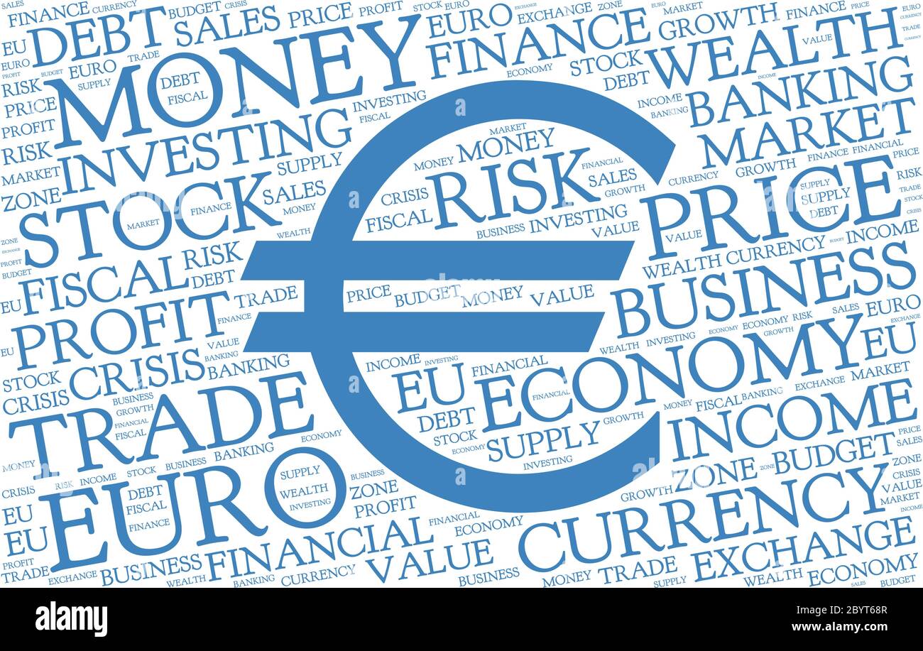 Euro word cloud with symbol of currency, blue text on white background ...