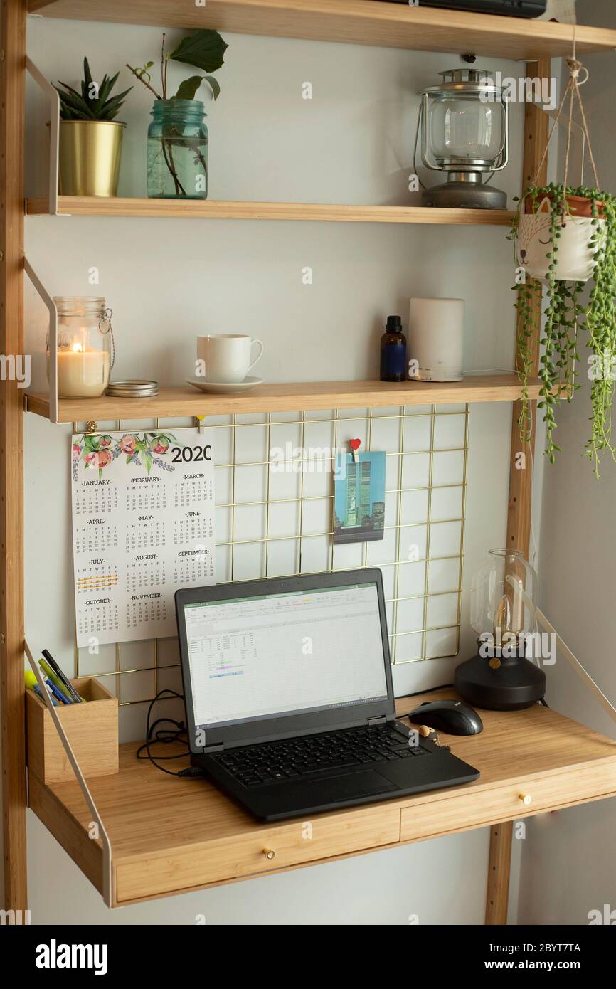 Small home office remote station, with laptop, houseplants, metallic ...