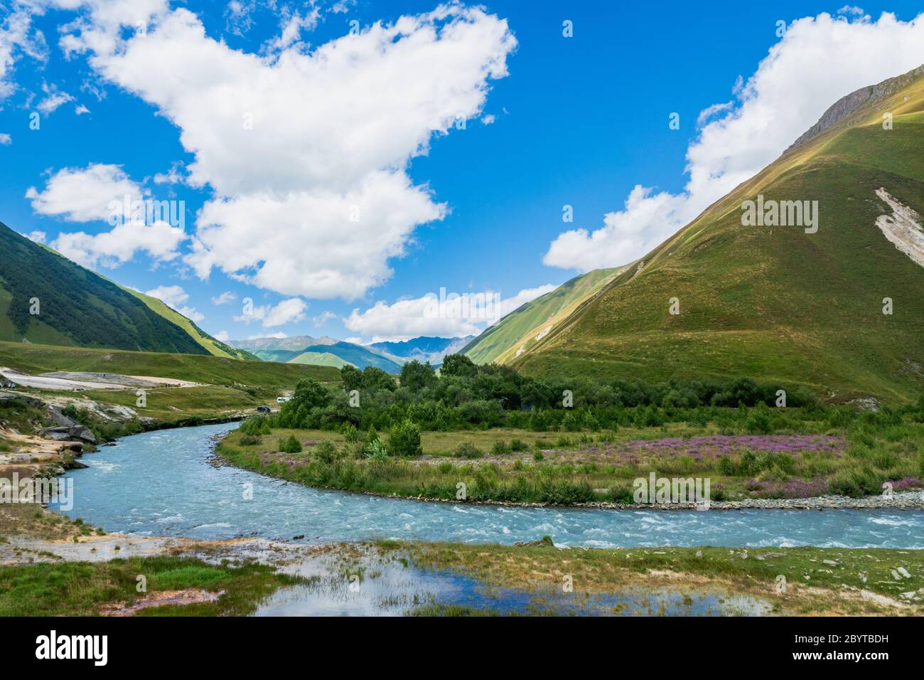 Truso Valley and Gorge trekking / hiking route landscape, in Kazbegi ...