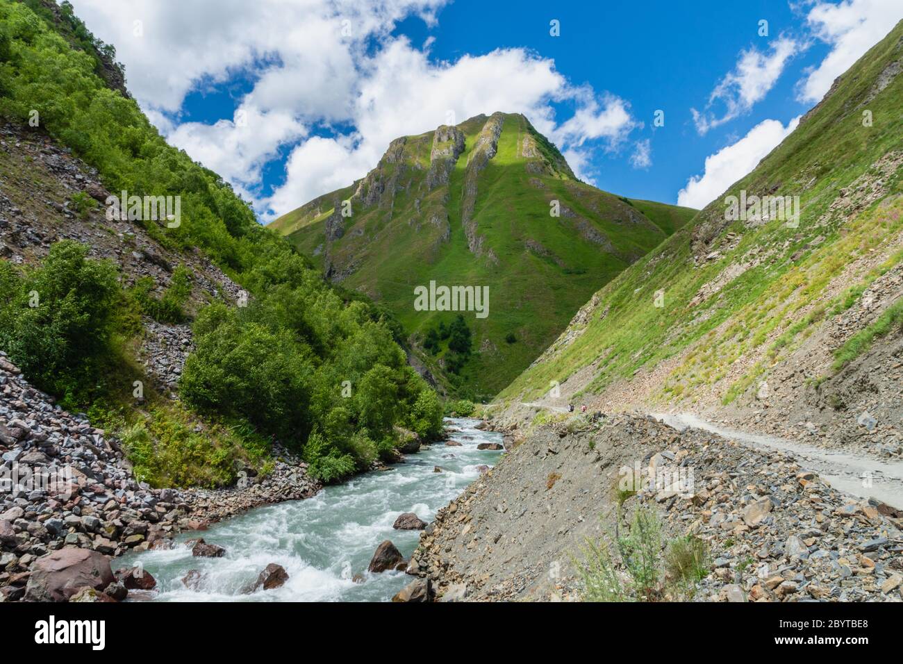 Truso Valley and Gorge trekking / hiking route landscape, in Kazbegi ...