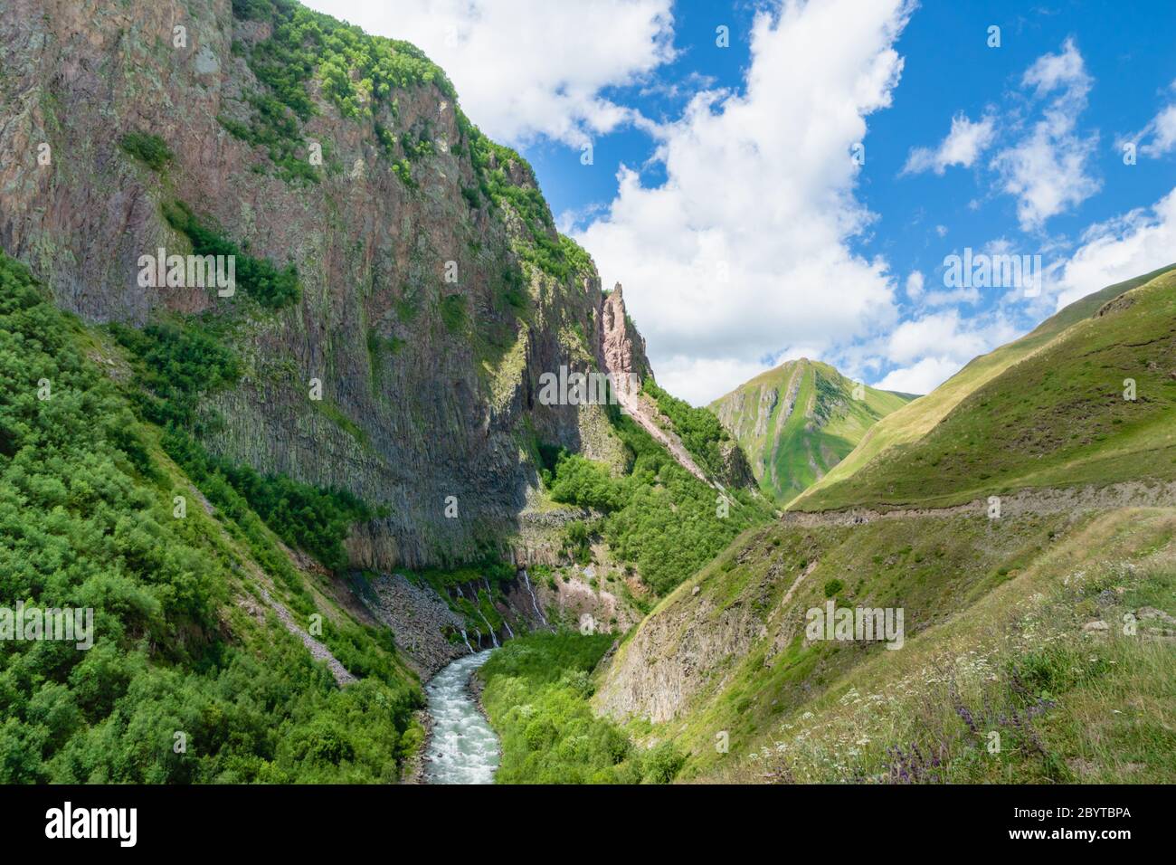 Truso Valley and Gorge trekking / hiking route landscape, in Kazbegi ...