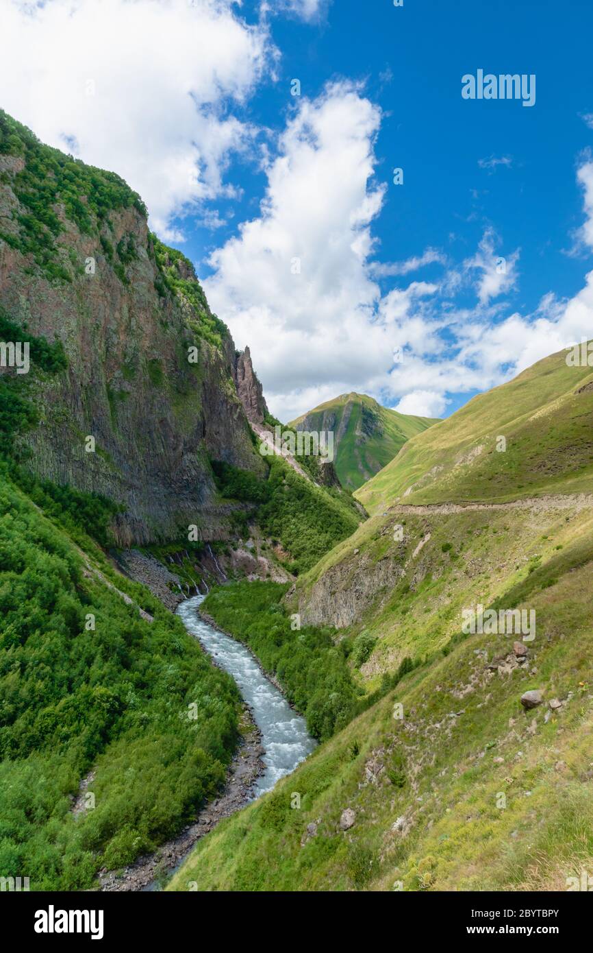 Truso Valley and Gorge trekking / hiking route landscape, in Kazbegi ...