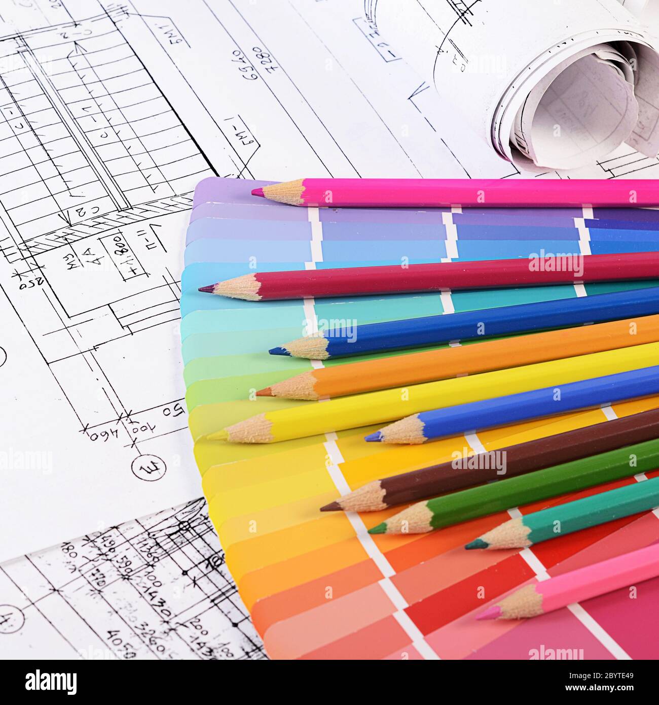 Projects of houses with color palette Stock Photo - Alamy