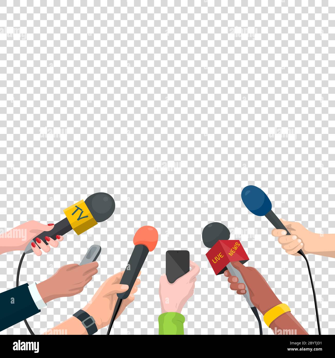 Journalism Concept Vector Illustration in Cartoon Style. Set of Hands Holding Microphones and ...