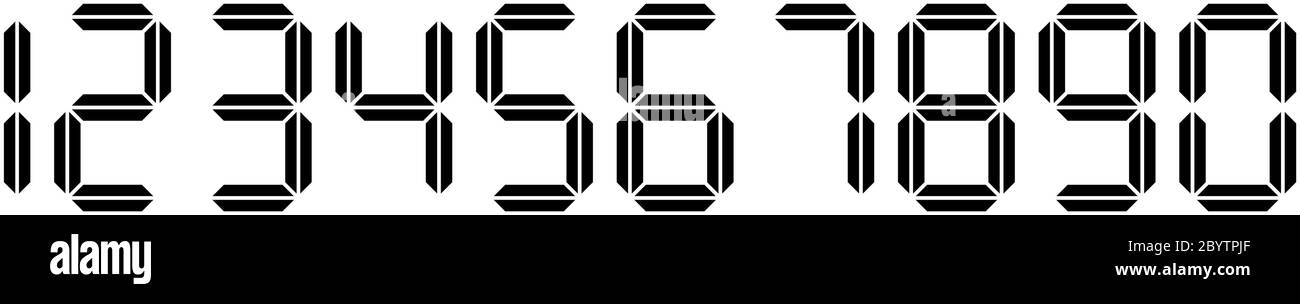 Black digital numbers. Seven-segment display is used in calculators, digital clocks or ...