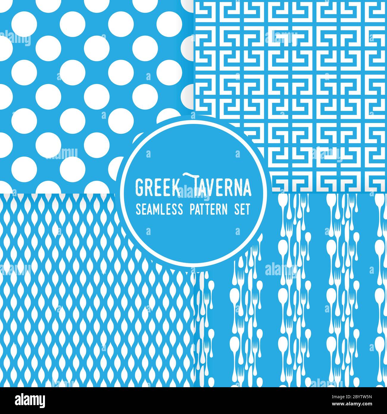 Blue greek tavern theme. Ornaments, dots and cutlery shapes. Seamless ...