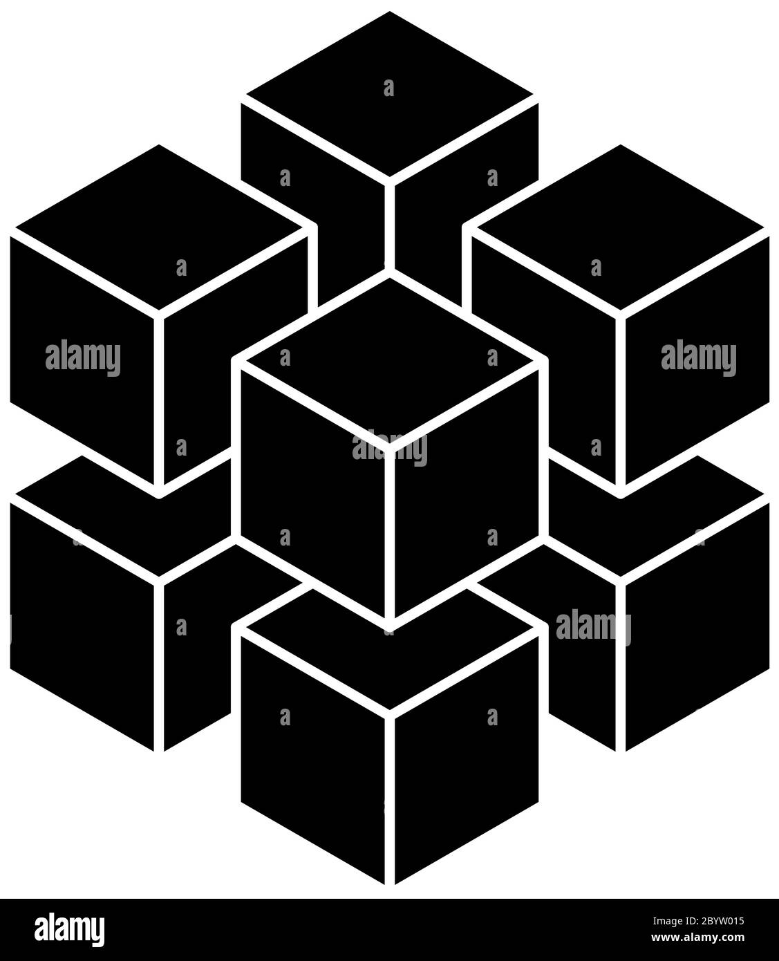 Black geometric cube of 8 smaller isometric cubes. Abstract design element. Science or ...