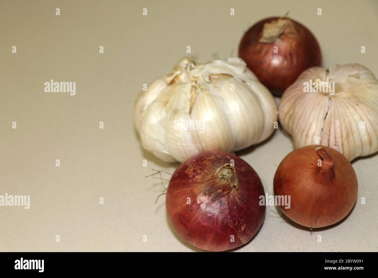 High Angle View Of Onions And Garlic isolated on white background whole ...