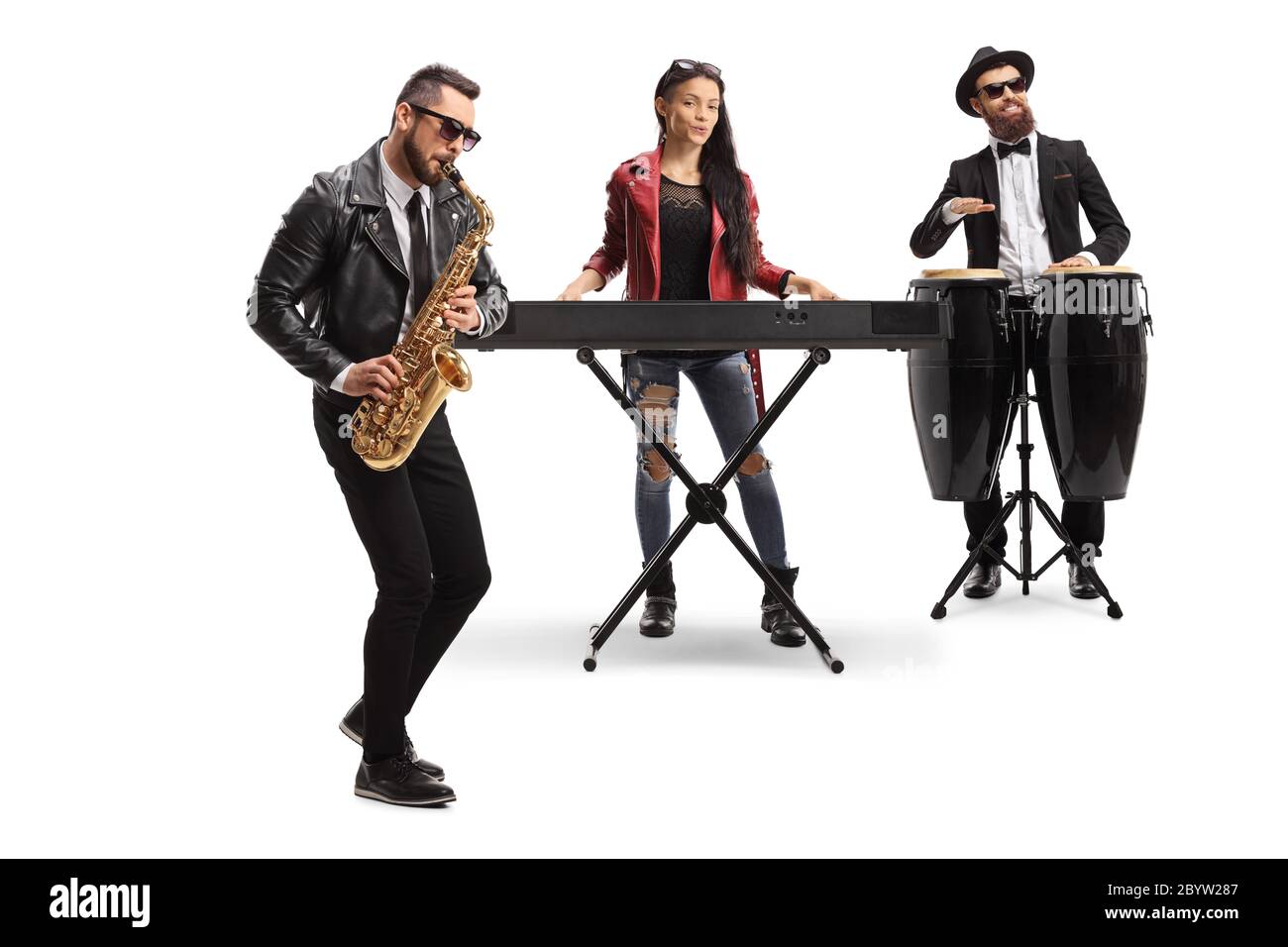 Musical band with a male sax player, a female keyboard player and a ...