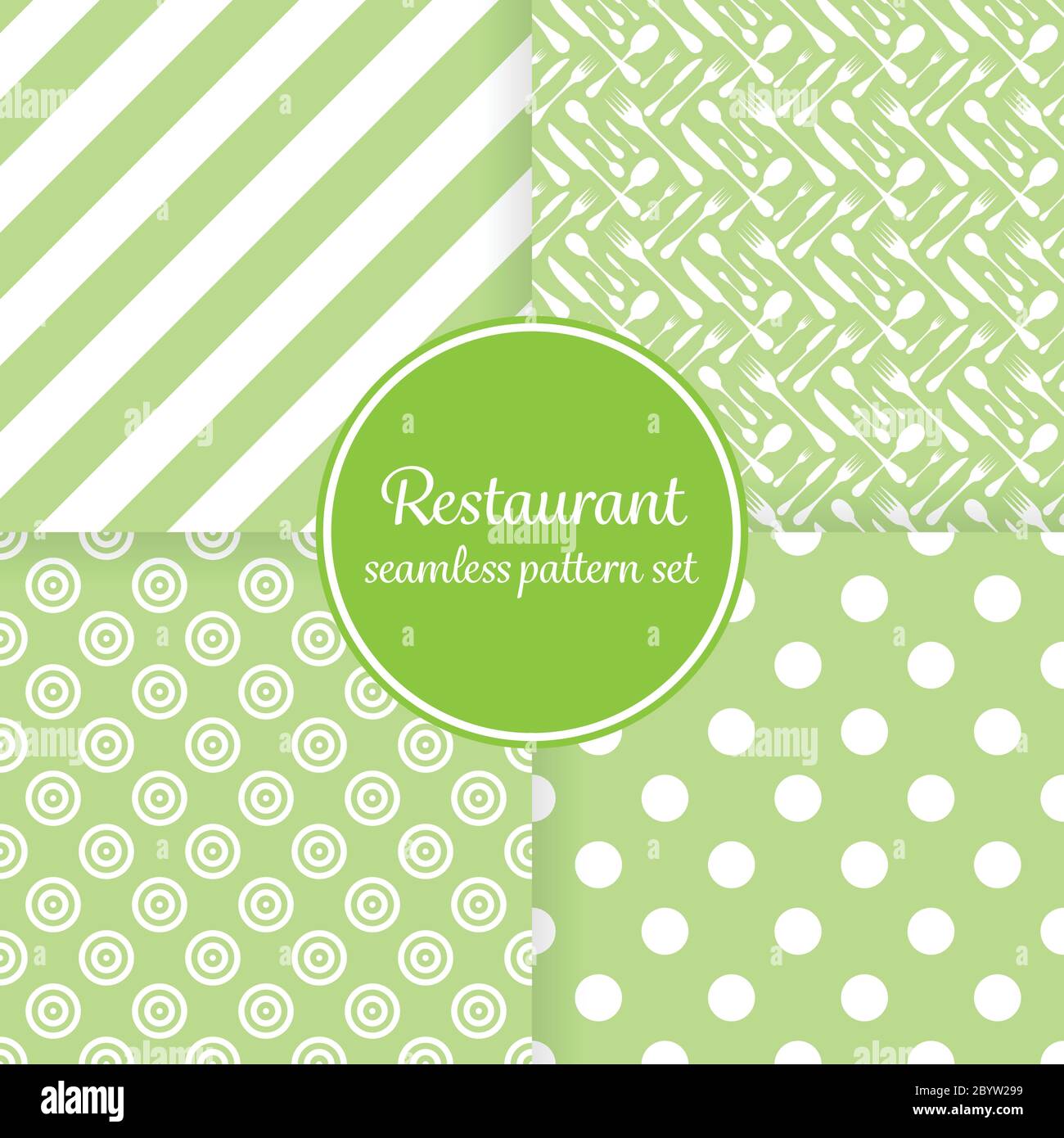 Restaurant or bistro theme. Lush green stripes, dots, cutlery and other ...