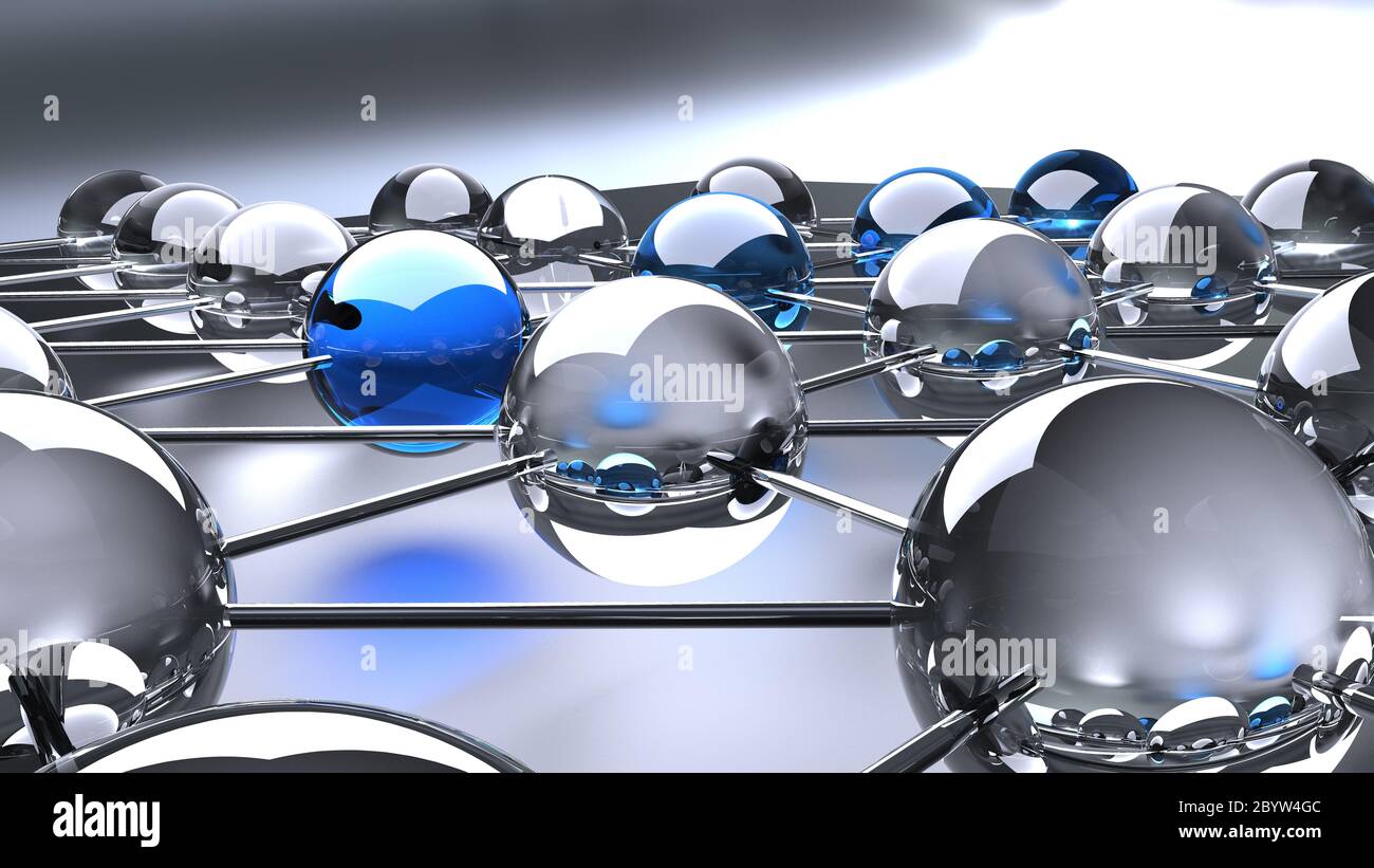 shiny transparent glass spheres connected as network structure - 3D ...