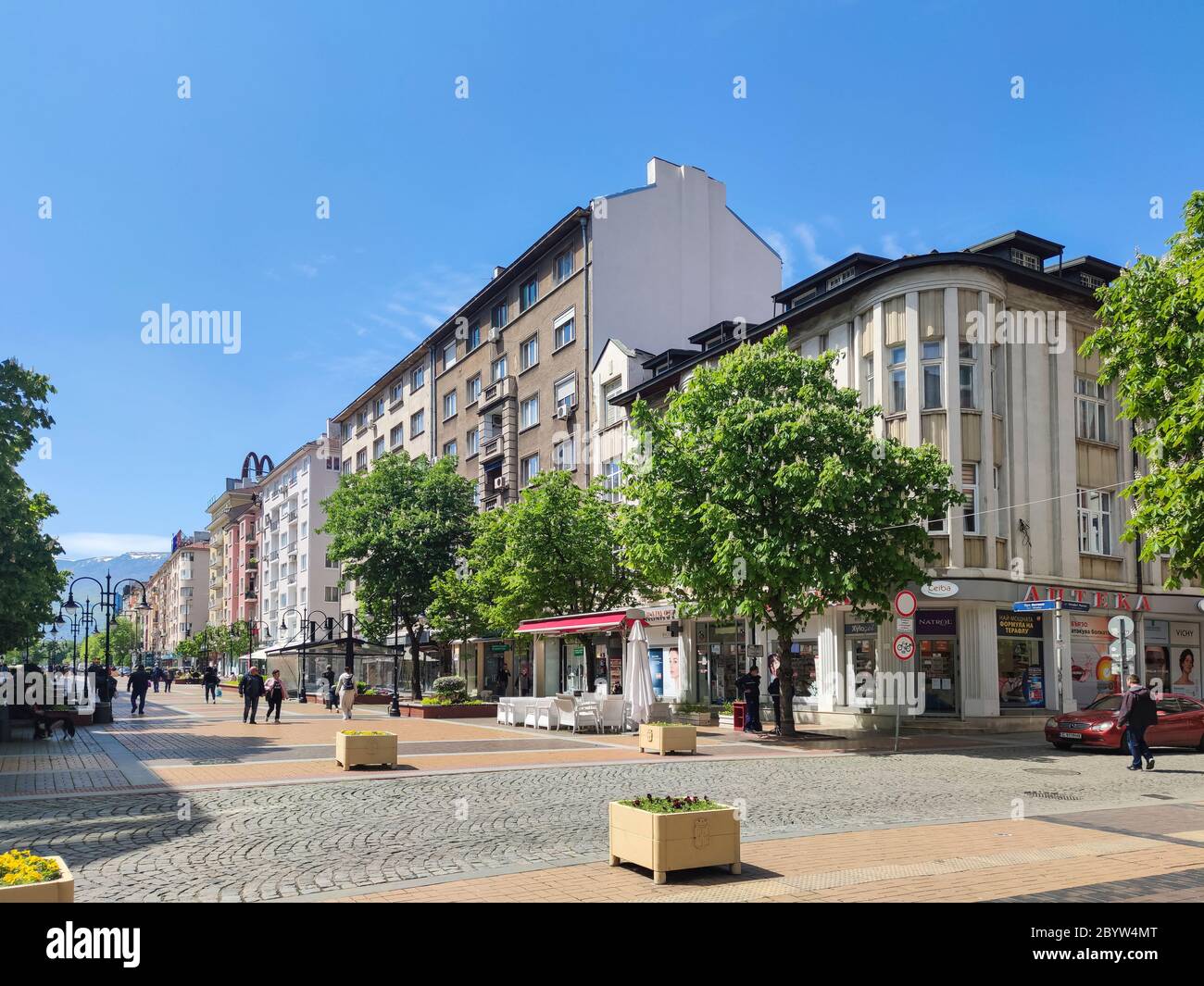 SOFIA, BULGARIA -MAY 5, 2020: Walking people on Boulevard Vitosha in city of Sofia, Bulgaria ...
