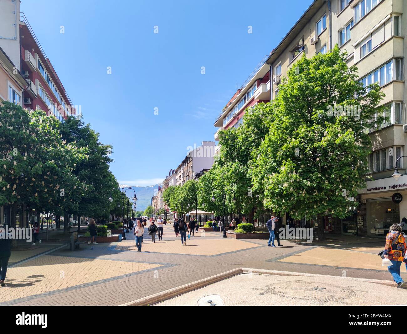 SOFIA, BULGARIA -MAY 5, 2020: Walking people on Boulevard Vitosha in city of Sofia, Bulgaria ...