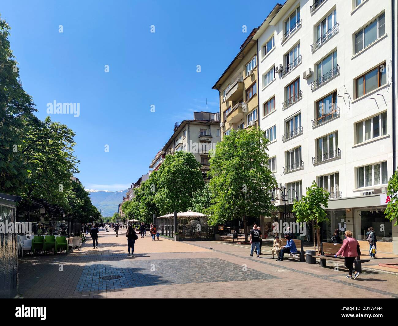 SOFIA, BULGARIA -MAY 5, 2020: Walking people on Boulevard Vitosha in city of Sofia, Bulgaria ...