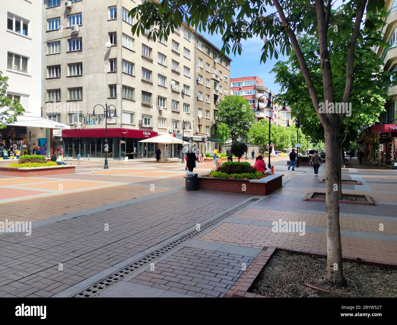SOFIA, BULGARIA -MAY 5, 2020: Walking people on Boulevard Vitosha in city of Sofia, Bulgaria ...