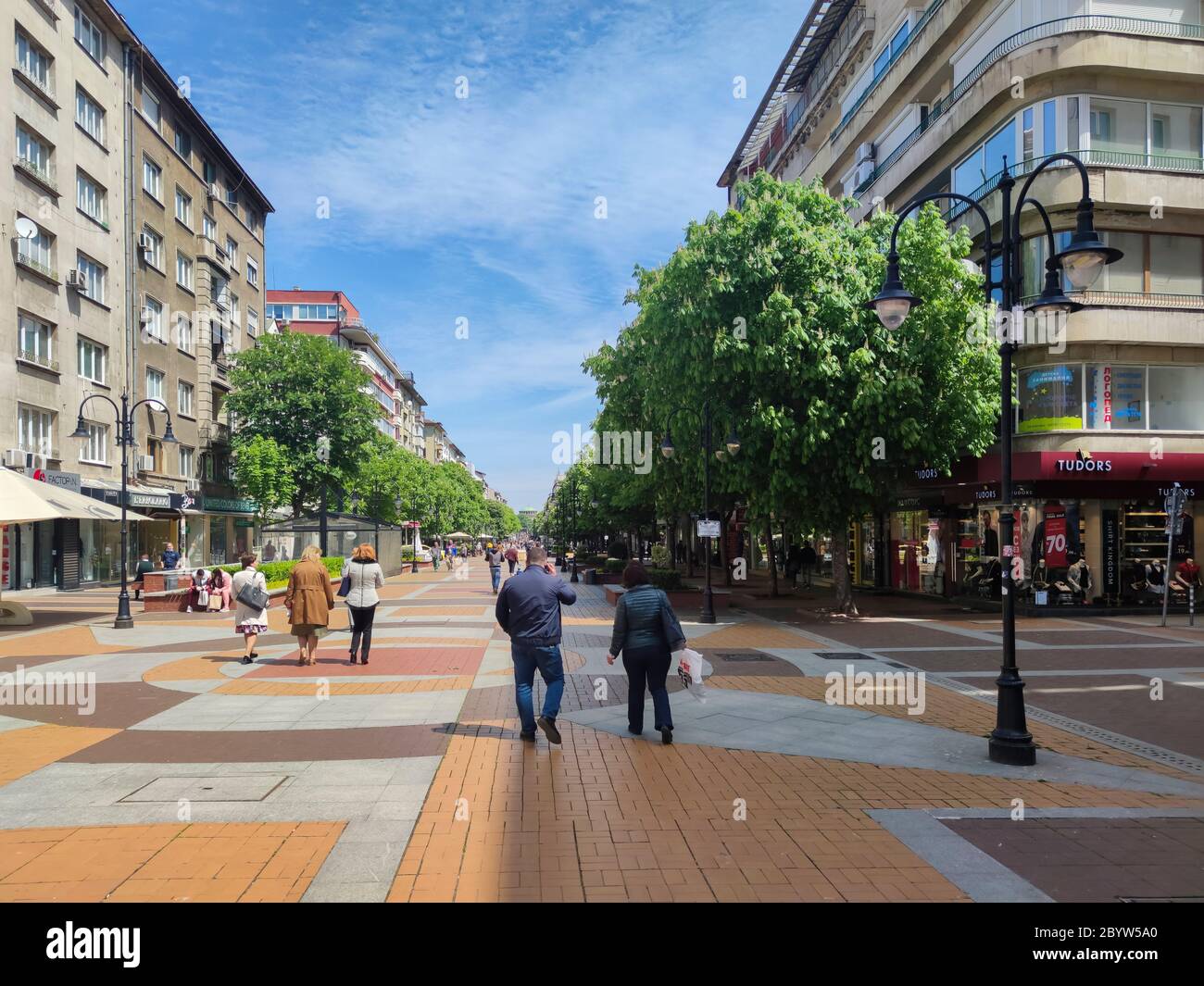 SOFIA, BULGARIA -MAY 5, 2020: Walking people on Boulevard Vitosha in city of Sofia, Bulgaria ...