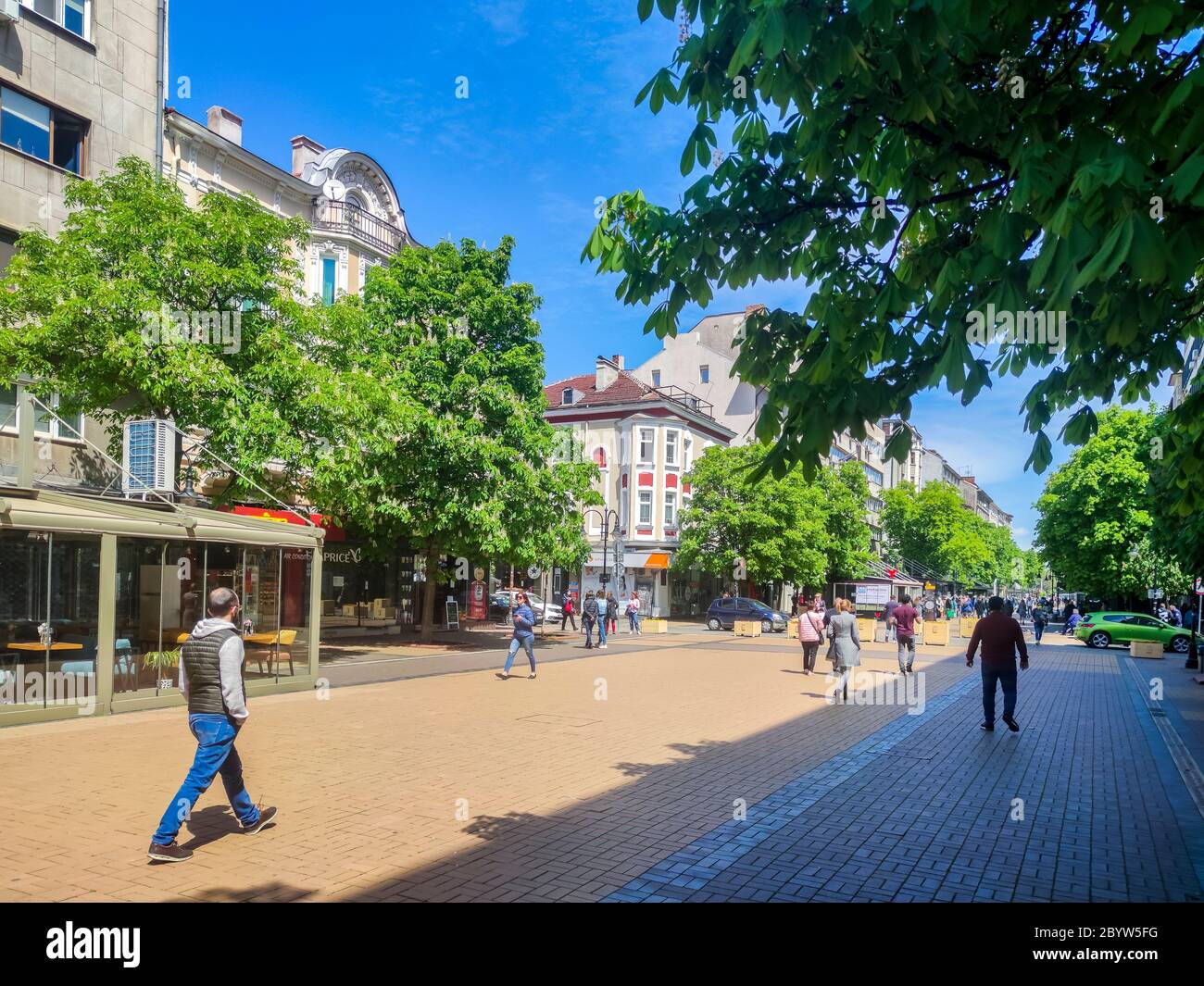 SOFIA, BULGARIA -MAY 5, 2020: Walking people on Boulevard Vitosha in city of Sofia, Bulgaria ...