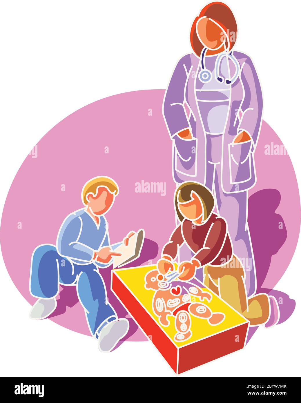 A doctor or hospital worker looks on as two children play with a ...