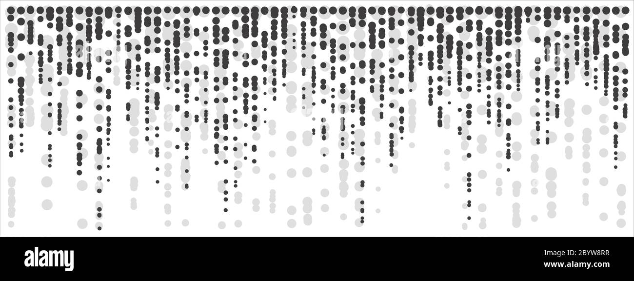 Wide vector halftone dots background. Falling black dots lines on white ...