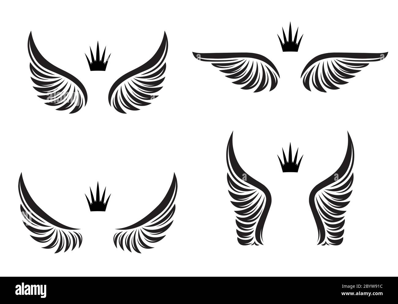 Set of four pairs of wings with crowns. Vector illustration Stock ...