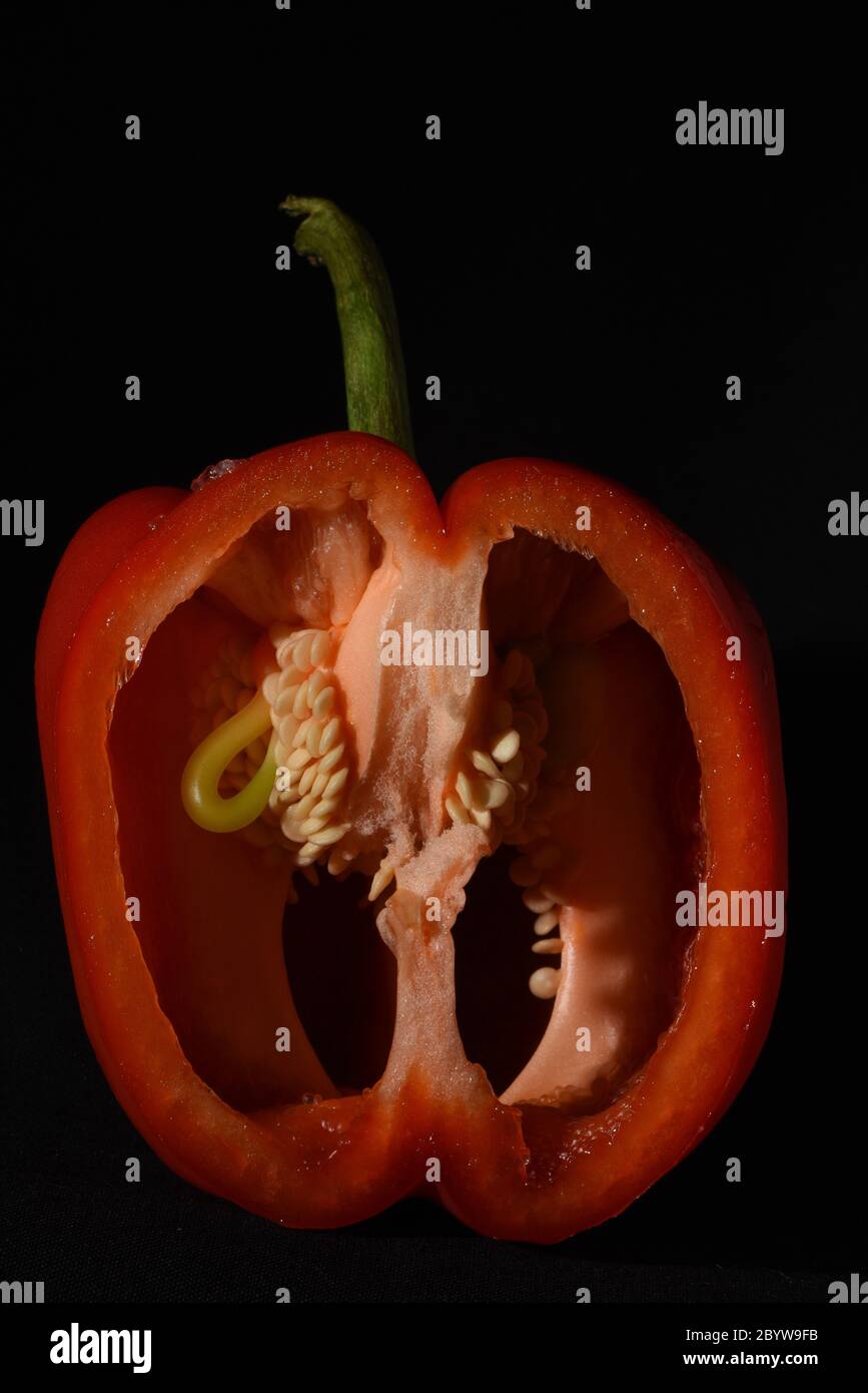 A view of the interior core and seeds in a red pepper that has been ...
