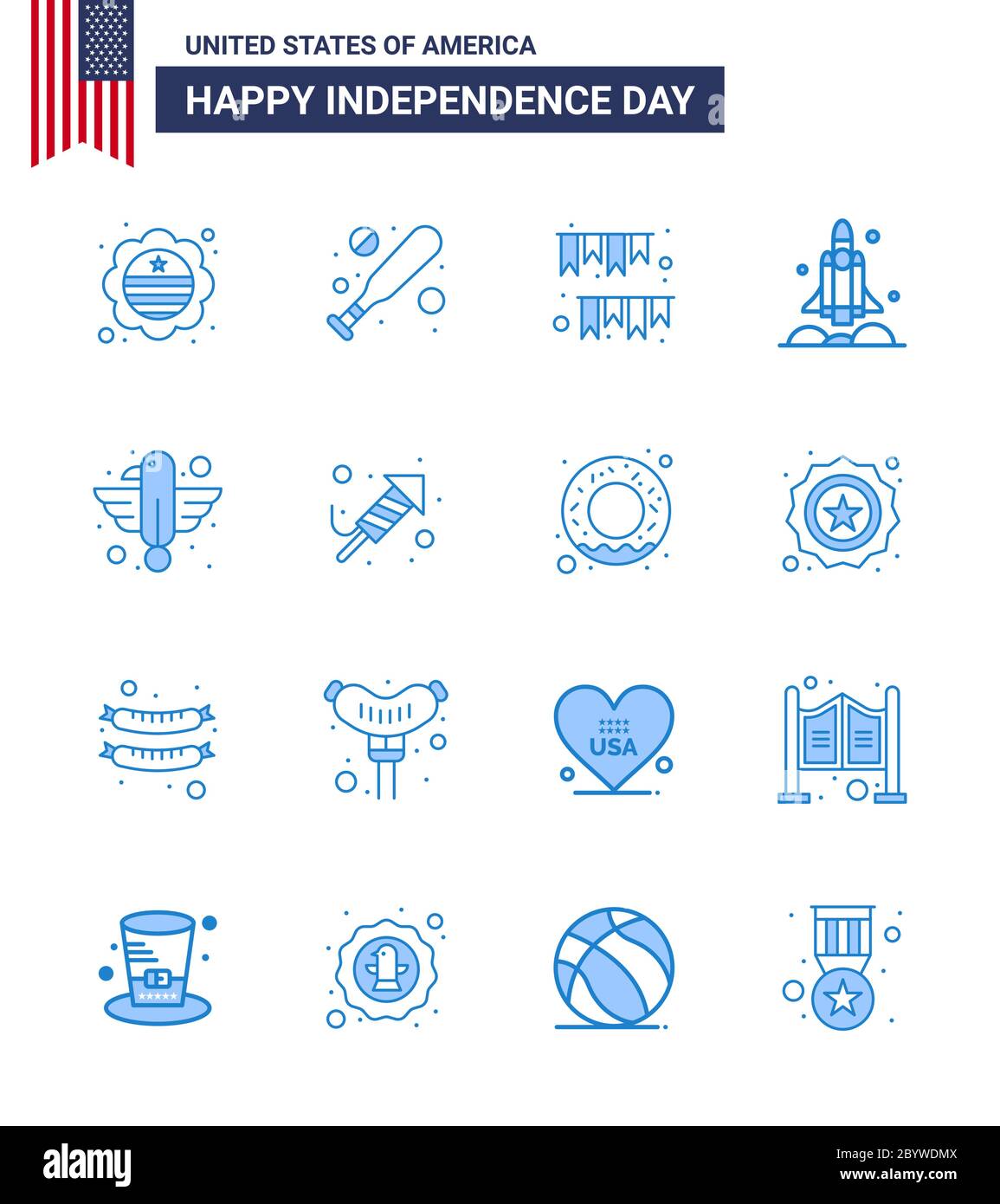 Set of 16 USA Day Icons American Symbols Independence Day Signs for ...