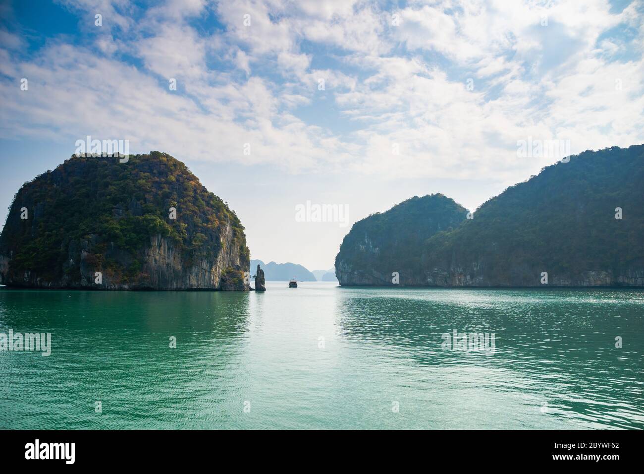 Halong Bay, Vietnam, with limestone hills. Dramatic landscape of Ha ...