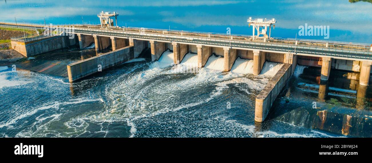 Aerial panoramic view of Hydroelectric Dam on river Stock Photo - Alamy