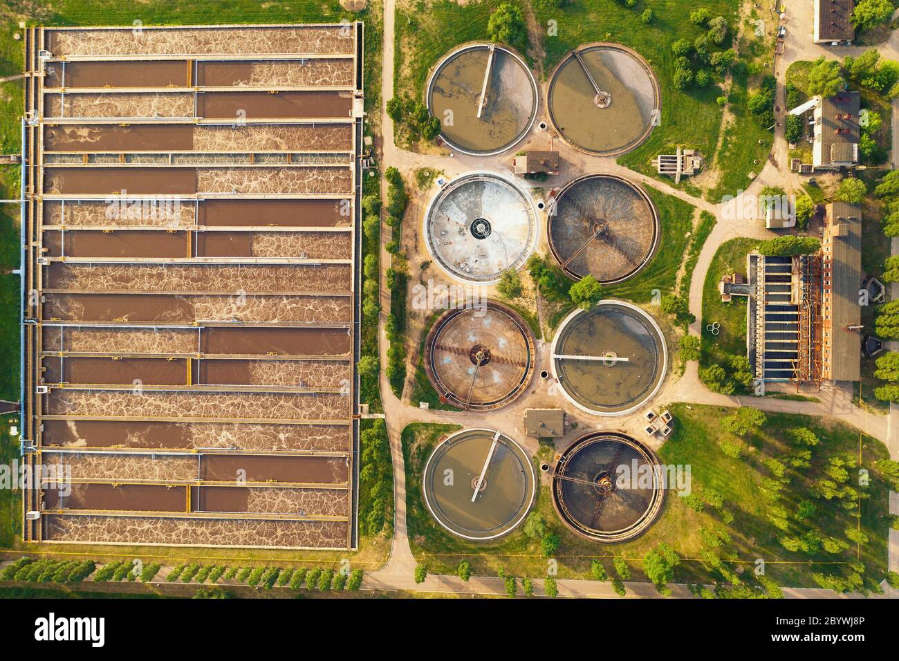 Modern wastewater treatment plant. Water purification tanks, aerial top ...