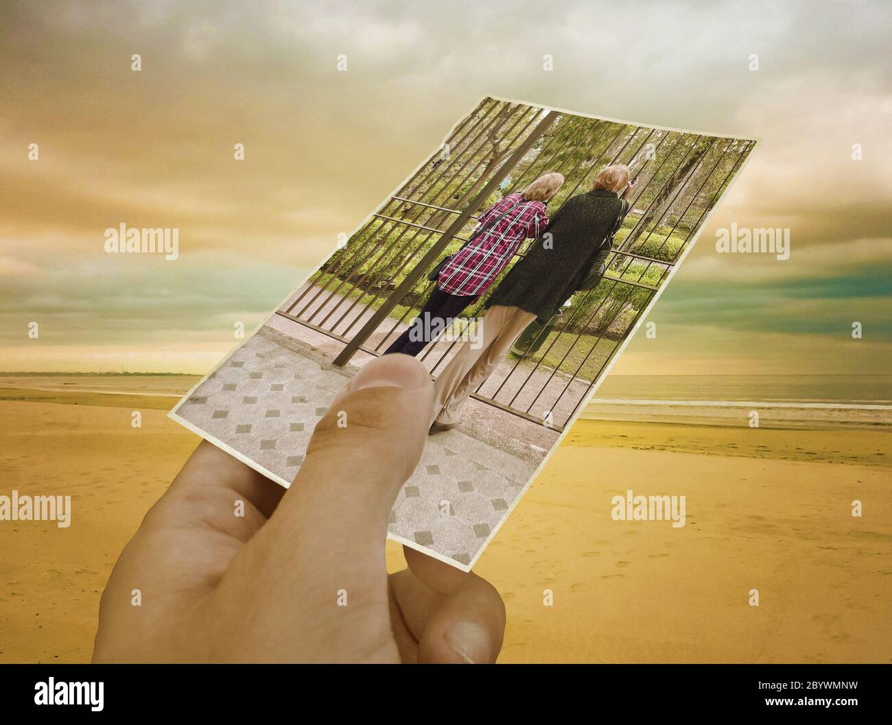 Concept creative collage with a hand holding a photo of a couple of ...