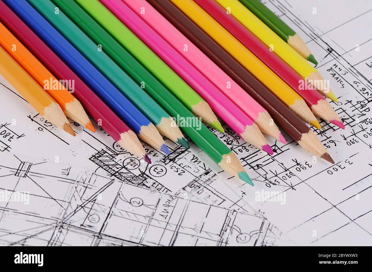 Projects of houses with color pencil Stock Photo - Alamy