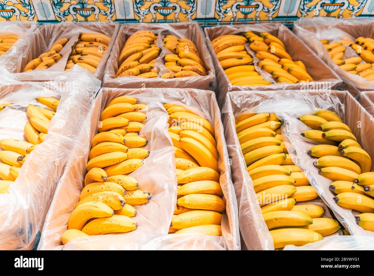Cardboard boxes full of ripe yellow bananas Stock Photo - Alamy