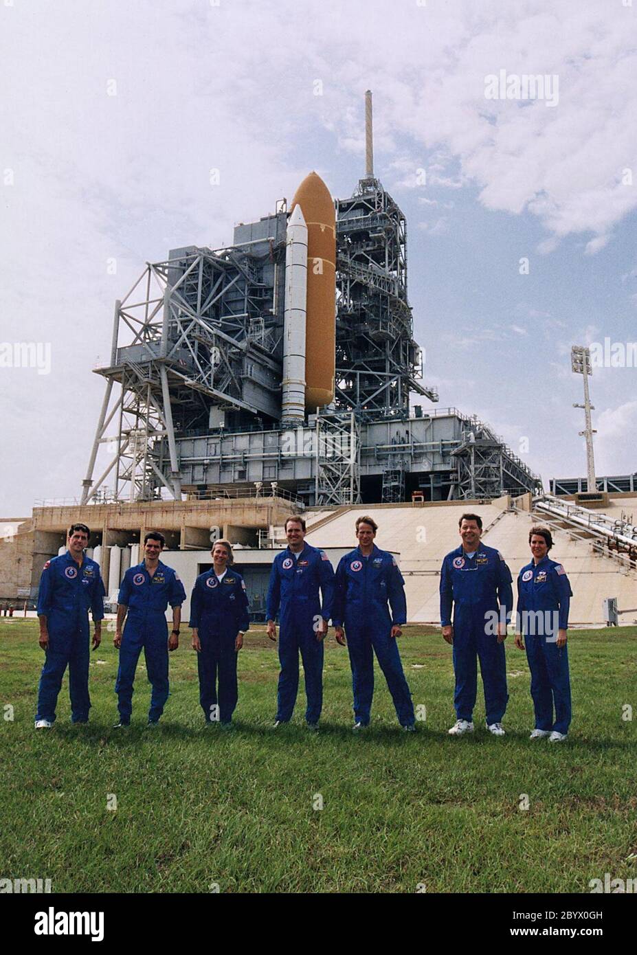 The STS-83 crew poses at Launch Complex 39A during their Terminal ...
