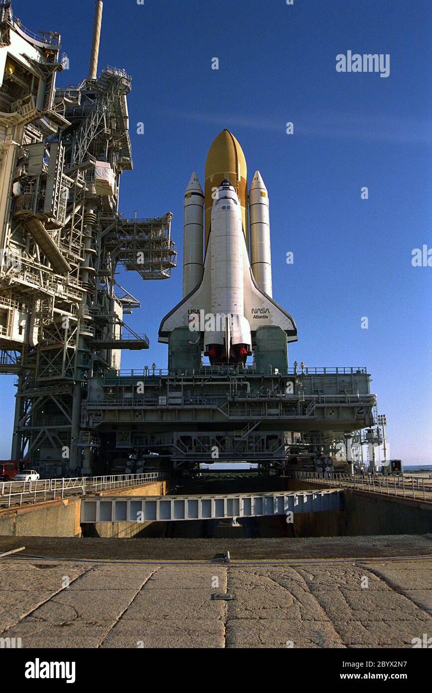 KENNEDY SPACE CENTER, Fla. -- Atop the crawler/transporter, the Space Shuttle orbiter Atlantis ...