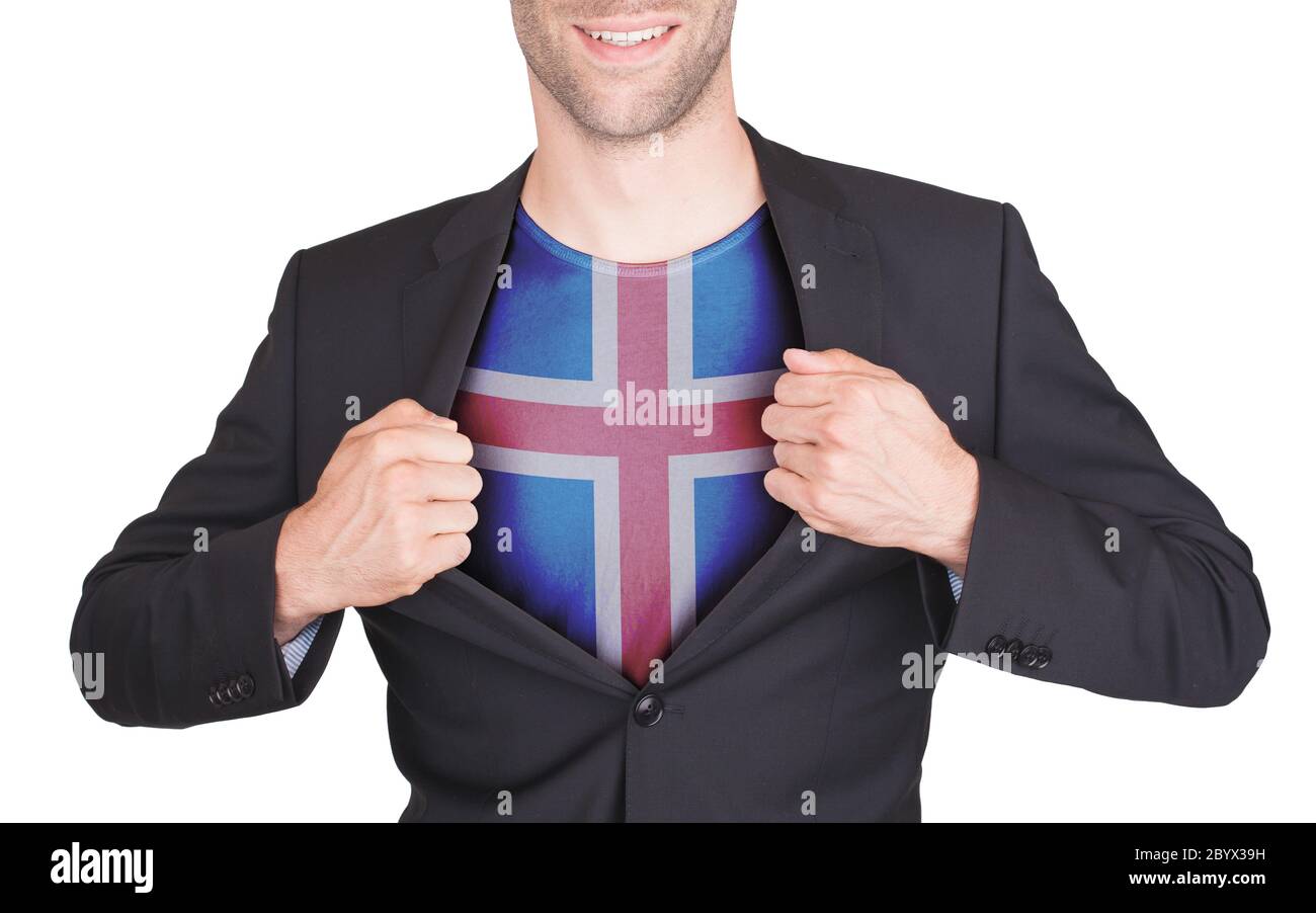 Businessman opening suit to reveal shirt with flag Stock Photo - Alamy