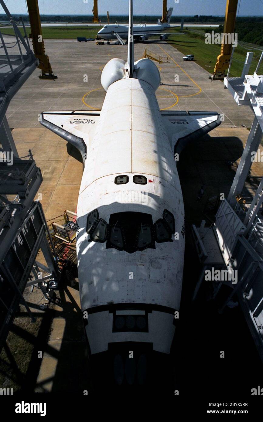KENNEDY SPACE CENTER, FLA. -- Space Shuttle Atlantis sits under the ...