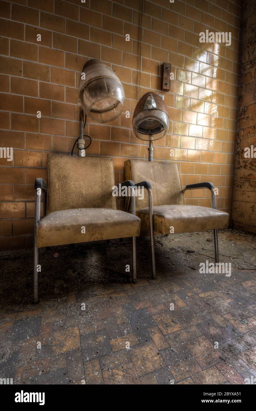 Hair salon frozen in time with vintage salon chairs and hair dryers in ...