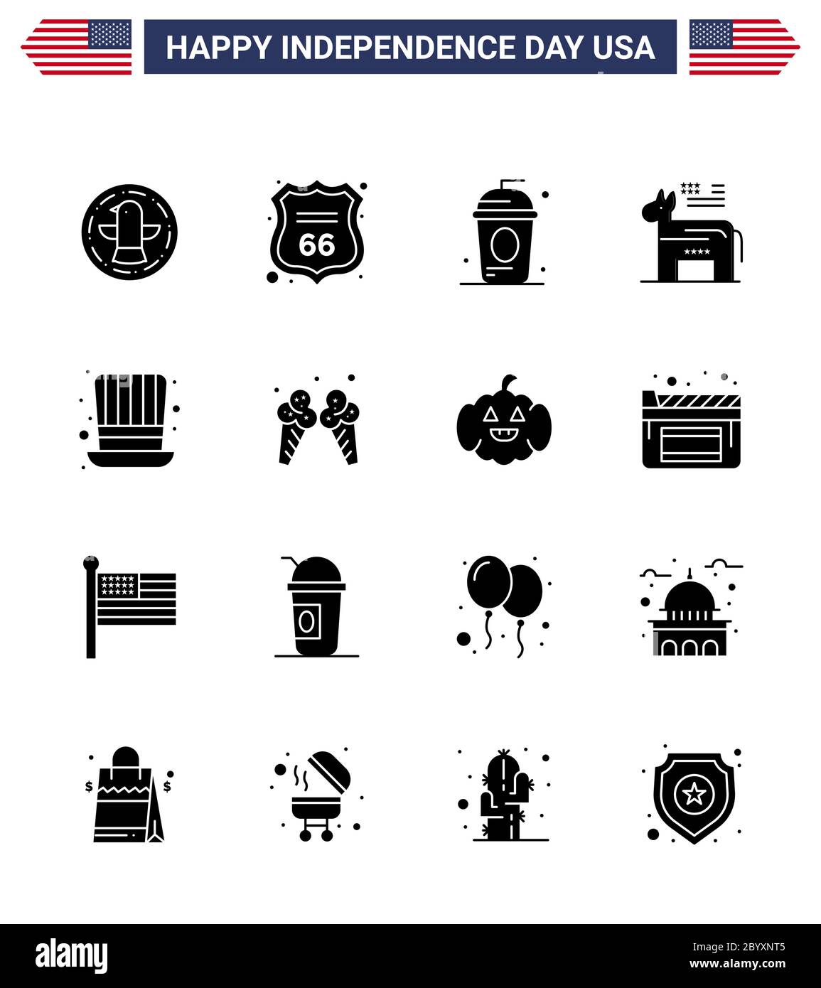 Happy Independence Day Pack of 16 Solid Glyphs Signs and Symbols for ...