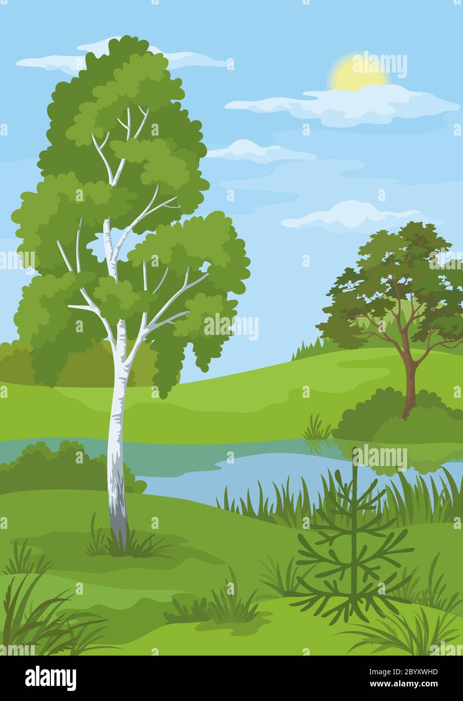 Summer landscape with trees and river Stock Photo - Alamy