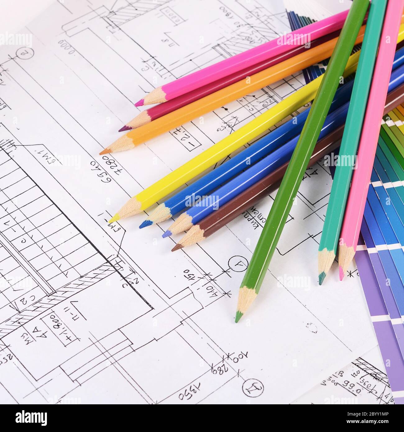 Projects of houses with color palette Stock Photo - Alamy
