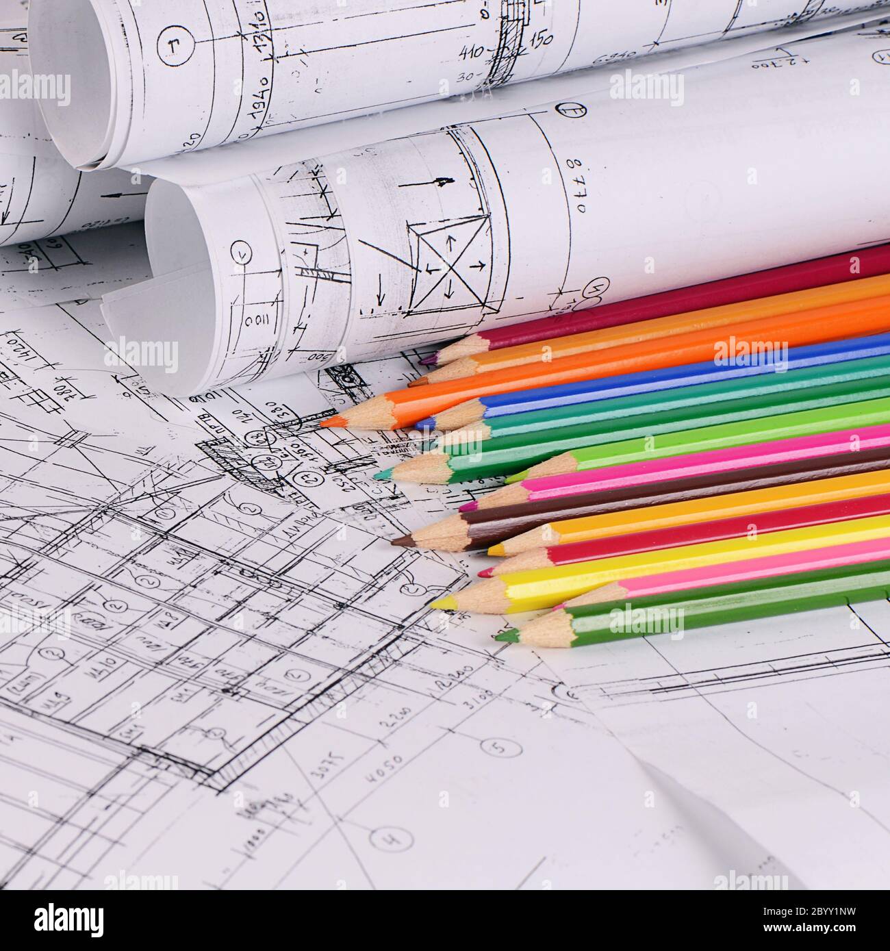 Projects of houses with color pencil Stock Photo - Alamy