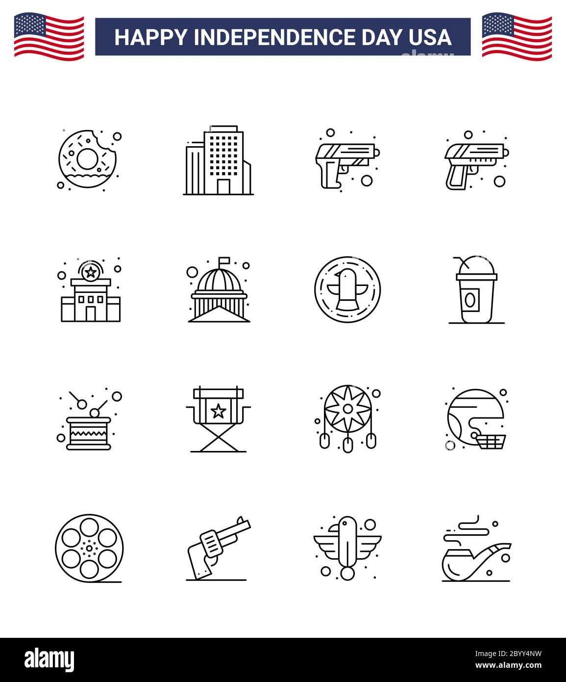 16 USA Line Pack of Independence Day Signs and Symbols of landmark ...