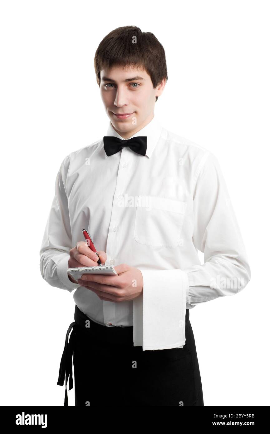waiter with notebook isolated Stock Photo - Alamy