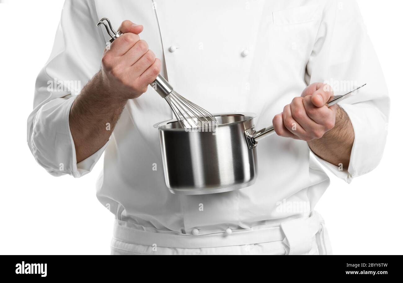 chef hands with whisk and pan isolated Stock Photo - Alamy