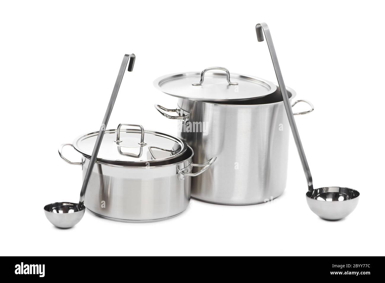 two steel pots with laddles Stock Photo - Alamy